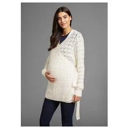 Umstandsstrickjacke Neun Monate "F&uuml;r Schwangerschaft und Stillzeit", Damen, Gr. 44/46, beige (naturwei&szlig;), Feinstrick, Obermaterial: 50% Viskose (LENZINGTM ECOVEROTM), 28% Polyester, 22% Polyamid, Basic h&uuml;ftbedeckend, V-Ausschnitt, Strickjacken, Wickelstrickjacke in Ajourmuster