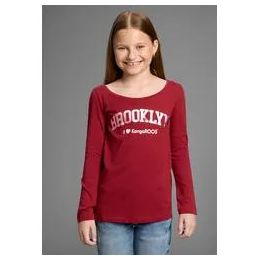 Langarmshirt Kangaroos "Shirt mit BROOKLYN Print", M&auml;dchen, Gr. 128/134, rot (bordeaux), Jersey, Obermaterial: 100% Baumwolle, bedruckt, Basic h&uuml;ftlang, tiefer Rundhals, Shirts Langarmshirt, Trendiger Frontprint, U-Boot Ausschnitt