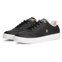Plateausneaker Tommy Hilfiger "ESSENTIAL ELEVATED COURT SNEAKER", Damen, Gr. 36, schwarz-wei&szlig; (schwarz, wei&szlig;), Leder, Schuhe Plateausneaker, Freizeitschuh, Halbschuh, Schn&uuml;rer mit Ziern&auml;hten und Kontrastbesatz