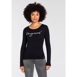Longsleeve Kangaroos, Damen, Gr. 40/42, schwarz, Rippware, Obermaterial: 100% Baumwolle, bedruckt, kontrastfarbene Details, unifarben mit Farbeinsatz, sehr figurbetont h&uuml;ftbedeckend, Rundhals, Shirts Longsleeve, Langarm, sehr figurbetont, aus Rippware, aus 100% Baumwolle, Topseller