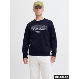 Jack & Jones Sweatshirt JACK & JONES "JJMAKOTO SWEAT CREW NECK", Herren, Gr. XS, blau (sky captain print:big print), angeraute Sweatware, Obermaterial: 80% Baumwolle, 20% Polyester, bedruckt, regular fit, Rundhals, Rippb&uuml;ndchen, Sweatshirts Sweatshirt