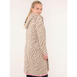 Strickjacke Zwillingsherz "Zebra", Damen, Gr. L/XL, beige, Strick, Obermaterial: 50% Viskose, 27% Polyester, 23% Polyamid, bequem ca. Mitte Oberschenkel, V-Ausschnitt, Strickjacken Strickjacke, Animal-Muster, Kapuze, Langarm, Kontrast-Details