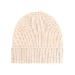 Beanie Zwillingsherz, Damen, hellbeige, Strick, Obermaterial: 100% Kaschmir, unifarben, M&uuml;tzen Beanie, Feinripp, breiter Umschlag, Wolle