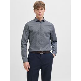 Jack & Jones Langarmhemd JACK & JONES "JPRBLABLACKPOOL STRETCH AOP LS SHIRT SN", Herren, Gr. XS, N-Gr, blau (navy blazer), Web, Obermaterial: 96% Baumwolle, 4% Elasthan, gemustert, slim fit, Hemden Langarmhemd