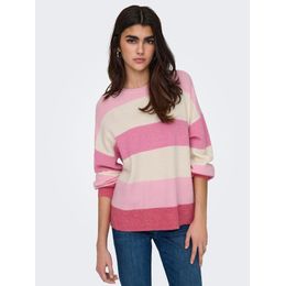 Strickpullover Only "ONLATIA L/S STRIPE PULLOVER KNT NOOS", Damen, Gr. M, pink (pink lady), Strick, Obermaterial: 50% Viskose, 27% Nylon, 23% Polyester, gestreift, regular fit normal, Rundhals, Rippstrickb&uuml;ndchen, Pullover Strickpullover, Viskosemischung, regular fit