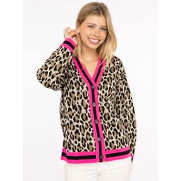 Strickjacke Zwillingsherz "Leo Streifen", Damen, Gr. S/M, schwarz (pink schwarz), Strick, Obermaterial: 70% Polyacryl, 30% Wolle, Strickjacken Strickjacke, mit Kn&ouml;pfen, Leomuster und Streifenb&uuml;ndchen