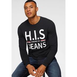 H.I.S. Langarmshirt H.I.S, Herren, Gr. M (48/50), schwarz, Single Jersey, Obermaterial: 100% Baumwolle, bedruckt, Basic schmal, Rundhals, gerader Abschluss, Shirts Langarmshirt, Langarm, schmaler Basic-Schnitt, bedrucktes Design, Topseller