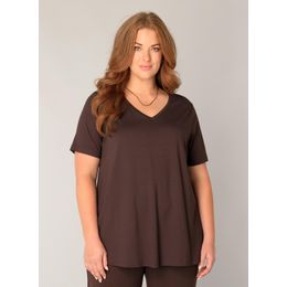 T-Shirt Base Level Curvy "Alba", Damen, Gr. 44, braun, Single Jersey, Obermaterial: 94% Viskose, 6% Elasthan, unifarben, figurumspielend h&uuml;ftlang, V-Ausschnitt, abgesteppt, Shirts T-Shirt, mit V-Ausschnitt, Topseller