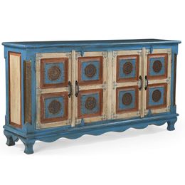 Sideboard OTTO HOME "Mahar", blau, creme, B:160cm H:85cm T:40cm, Massivholz, Sideboards, Sideboard, mit aufwendiger Schnitzerei, handgefertigt, Unika-M&ouml;bel, Breite 160 cm