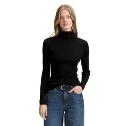 Rollkragenpullover Tom Tailor Denim, Damen, Gr. XXL, schwarz (deep schwarz), Feinstrick, Obermaterial: 70% Viskose, 30% Polyamid, unifarben, k&ouml;rpernah h&uuml;ftbedeckend, Rundhals, Pullover Rollkragenpullover, in Strick-Optik