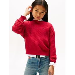 Strickpullover Tommy Hilfiger "CABLE SWEATER", M&auml;dchen, Gr. 16 (176), rot (ruby rhubarb), Strick, Obermaterial: 100% Baumwolle, unifarben, regular fit normal, Rundhals, eingesetzt B&uuml;ndchen, Pullover Strickpullover, Kinder bis 16 Jahre