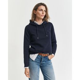 Hoodie Gant "REG TONAL SHIELD HOODIE", Damen, Gr. L, blau (evening blau), Sweatware, Obermaterial: 78% Baumwolle, 22% Polyester, regular fit h&uuml;ftlang, Rippb&uuml;ndchen, Sweatshirts Hoodie, Ton in Ton Stickerei, Rippb&uuml;ndchen