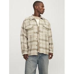 Jack & Jones Langarmhemd JACK & JONES "JORVESTERBRO CHECK OVERSHIRT LS SN", Herren, Gr. S, N-Gr, wei&szlig; (antique wei&szlig;), Web, Obermaterial: 50% Polyester, 30% Baumwolle, 10% Polyacryl, 10% Viskose, kariert, relaxed fit, Hemden Langarmhemd