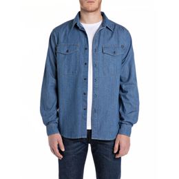 Langarmhemd Replay, Herren, Gr. L, N-Gr, blau (medium blau), Twill, Obermaterial: 100% Baumwolle, regular fit, mit Knopf,&Auml;rmel mit &Auml;rmelschlitz angesetztes B&uuml;ndchen, Hemden Langarmhemd