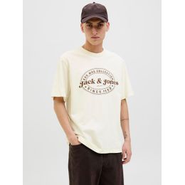 Jack & Jones Rundhalsshirt JACK & JONES "JJEDOVER PRINT TEE SS CREW NECK", Herren, Gr. XS, wei&szlig; (antique wei&szlig;), Single Jersey, Obermaterial: 100% Baumwolle, bedruckt, relaxed fit normal, Rundhals, Shirts Rundhalsshirt