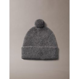 Bommelm&uuml;tze Calvin Klein "EMBLEM BRUSHED POMPOM BEANIE", Damen, dunkelgrau, Strick, Materialmix, unifarben, M&uuml;tzen Bommelm&uuml;tze, Perfekt f&uuml;r den Alltag