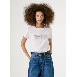 T-Shirt Pepe Jeans "AVA", Damen, Gr. L, wei&szlig; (800wei&szlig;), Single Jersey, Obermaterial: 100% Baumwolle, bedruckt, regular fit normal, Rundhals, abgesteppte Kante, Shirts T-Shirt, mit floralem Print