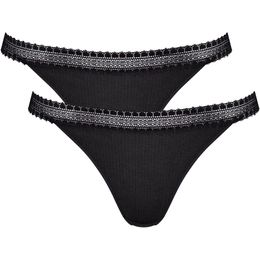Tanga Sloggi "GO Ribbed", Damen, Gr. XL, schwarz, Single Jersey, Obermaterial: 95% Baumwolle, 5% Elasthan, Unterhosen Tanga, weiche, Baumwollmischung, Spitzenbesatz, bequem