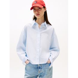 Hemdbluse Tommy Jeans "TJW REG CROP STRIPE POPLIN SHIRT", Damen, Gr. XS (34), blau (light powdery blau, stripe), Web, Obermaterial: 100% Baumwolle, gestreift, Blusen Hemdbluse
