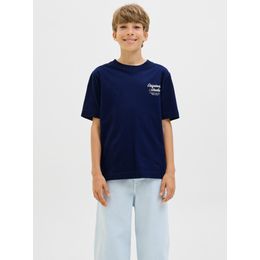 Jack & Jones T-Shirt JACK & JONES JUNIOR "JORNORREBRO TYPO TEE SS CREW NECK SN JNR", Jungen, Gr. 128, blau (ocean cavern), Single Jersey, Obermaterial: 100% Baumwolle, bedruckt, relaxed fit normal, Rundhals, Shirts T-Shirt