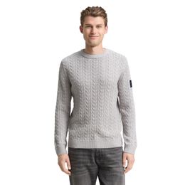 Rundhalspullover Tom Tailor, Herren, Gr. XL, grau sanftes wei&szlig; plated, Strick, Obermaterial: 60% Baumwolle, 40% Polyacryl, Strukturmuster, regular fit normal, Rundhals, Rippb&uuml;ndchen, Pullover Rundhalspullover, mit Rippb&uuml;ndchen