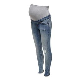 Umstandsjeans Only Maternity "OLMBLUSH MID SK ANK RW DNM NOOS", Damen, Gr. XS (34), L&auml;nge 32, blau (medium blau denim), Denim/Jeans, Obermaterial: 92% Baumwolle, 6% Elastomultiester, 2% Elasthan, skinny fit, Jeans Umstandsjeans, mit Destroyed Effekt