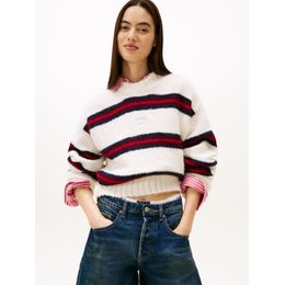 Rundhalspullover Tommy Jeans "TJW BADGE STRIPE FLUFFY SWEATER", Damen, Gr. L (40), wei&szlig; (ancient wei&szlig;, stripe), Strick, Obermaterial: 69% Polyacryl, 23% Polyester, 8% Alpaka, gestreift, h&uuml;ftlang, Rundhals, Pullover Rundhalspullover, mit Alpaka