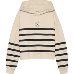 Kapuzensweatshirt Calvin Klein Jeans "CK LOGO BOXY FIT STRIPES HOODIE", M&auml;dchen, Gr. 10 (140), wei&szlig; (wei&szlig; cap gray, ck schwarz), Sweatware, Obermaterial: 100% Baumwolle, gestreift, regular fit h&uuml;ftlang, Rundhals, B&uuml;ndchen, Sweatshirts Kapuzensweatshirt, f&uuml;r Kinder bis 16 Jahre, mit Kapuze