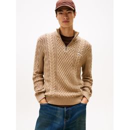 Strickpullover Tommy Jeans, Herren, Gr. 3XL, coastal taupe tonal, Strick, Obermaterial: 100% Baumwolle, unifarben, slim fit normal, hoch geschlossener Ausschnitt, B&uuml;ndchen, Pullover Strickpullover, Troyer-Kragen mit Rei&szlig;verschluss, slim fit, Zopfstrick-Muster