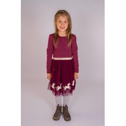 Midikleid happy girls, M&auml;dchen, Gr. 146, N-Gr, berry, Jersey, Obermaterial: 90% Baumwolle, 10% metallisierte Fasern. Futter: 100% Baumwolle. Unterteil: 100% Polyester, gemustert, regular fit Midi, Rundhals, Kleider Midikleid, mit hochwertigen Einhorn-Applikationen am Saum