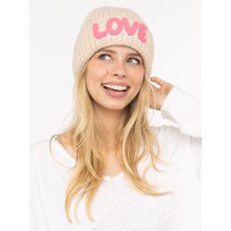 Beanie Zwillingsherz "Love Label", Damen, beige, Strick, Materialmix, M&uuml;tzen Beanie, mit LOVE-Schriftzug und Wollanteil, Topseller