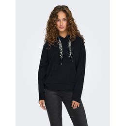 Kapuzensweatshirt Only "ONLFANCY L/S HOOD STRING SWT", Damen, Gr. L, schwarz (schwarz detail:pearl strings), Sweatware, Obermaterial: 60% Polyester, 40% Viskose, unifarben, regular fit, Sweatshirts Kapuzensweatshirt