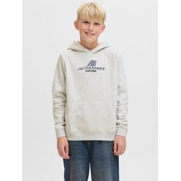 Jack & Jones Kapuzensweatshirt JACK & JONES JUNIOR "JCOTIER FRONT PRINT SWEAT HOOD JNR", Jungen, Gr. 128, grau (wei&szlig; melange), angeraute Sweatware, Obermaterial: 70% Baumwolle, 30% Polyester, bedruckt, relaxed fit, Rippb&uuml;ndchen, Sweatshirts Kapuzensweatshirt
