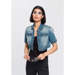Jeansjacke Arizona, Damen, Gr. 48, blau (blau used), Denim/Jeans, Obermaterial: 98% Baumwolle, 2% Elasthan, Basic, figurbetont extrakurz, 2-Naht-&Auml;rmel B&uuml;ndchen, Jacken Jeansjacke, aus Baumwollmischung, figurbetont, extrakurz, in Stretch-Qualit&auml;t