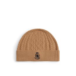 Beanie Tommy Hilfiger "TH CREST KNIT", Damen, timeless camel, space blau, Strick, Wollmischung, M&uuml;tzen Beanie, Zopfstrickmuster, mit TH-Wappen