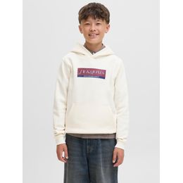 Jack & Jones Kapuzensweatshirt JACK & JONES JUNIOR "JORINWOOD BLOCK BRANDING SWEAT NOOS JNR", Jungen, Gr. 140, wei&szlig; (antique wei&szlig;), angeraute Sweatware, Obermaterial: 70% Baumwolle, 30% Polyester, bedruckt, relaxed fit, Rippb&uuml;ndchen, Sweatshirts Kapuzensweatshirt