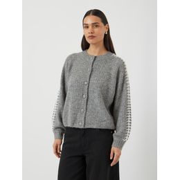 Strickjacke Y.A.S "YASOLLY LS KNIT CARDIGAN S. NOOS", Damen, Gr. XS, medium grau melange detail:star wei&szlig; details, Strick, Obermaterial: 53% Polyester, 21% Polyacryl, 10% Wolle, 10% Nylon, 6% Elasthan, unifarben, regular fit normal, Rundhals, Rippstrickb&uuml;ndchen, Strickjacken Strickjacke