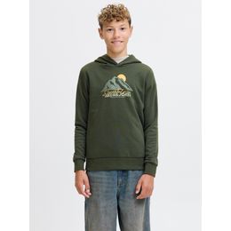 Jack & Jones Kapuzensweatshirt JACK & JONES JUNIOR "JJSUN SWEAT HOOD JNR", Jungen, Gr. 152, bunt (duffel bag), angeraute Sweatware, Obermaterial: 60% Baumwolle, 40% Polyester, bedruckt, regular fit normal, Rippb&uuml;ndchen, Sweatshirts Kapuzensweatshirt