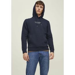 Jack & Jones Kapuzensweatshirt JACK & JONES "JPRBLUARCHIE SWEAT HOOD NOOS", Herren, Gr. M, blau (navy blazer), angeraute Sweatware, Obermaterial: 70% Baumwolle, 30% Polyester, bedruckt, normal h&uuml;ftlang, Rundhals, Sweatshirts Kapuzensweatshirt