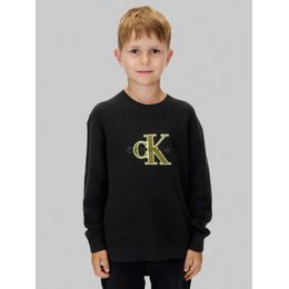 Strickpullover Calvin Klein Jeans "TOWELLING CK STITCH SWEATER", Jungen, Gr. 8 (128), schwarz (ck schwarz), Strick, Obermaterial: 100% Baumwolle, unifarben, regular fit h&uuml;ftlang, Rundhals, B&uuml;ndchen, Pullover Strickpullover, f&uuml;r Kinder bis 16 Jahre, Frottee-Applikation