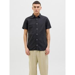 Jack & Jones Kurzarmhemd JACK & JONES "JJEBREEZE SHIRT SS SN", Herren, Gr. S, N-Gr, schwarz, Web, Obermaterial: 70% Baumwolle, 30% Leinen, unifarben, slim fit taillenbedeckt, ohne Ausschnitt, gerader Abschluss, Hemden Kurzarmhemd, mit Hemdkragen
