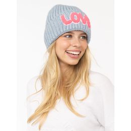 Beanie Zwillingsherz "Love Label", Damen, blau, Strick, Materialmix, M&uuml;tzen Beanie, mit LOVE-Schriftzug und Wollanteil