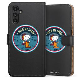 DeinDesign Galaxy A13 5G Handy Klapph&uuml;lle Handyh&uuml;lle aus Kunst Leder schwarz Flip Case Peanuts Snoopy Weltall Sideflip mit langer Lasche