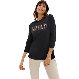 CR&Eacute;ATION L Damen Langarmshirt mit Leo-Schriftzug schwarz-champagner Gr&ouml;&szlig;e 40