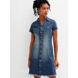 WITT Damen Jeanskleid mit Fransen am Saum, blue-stone-washed, Gr&ouml;&szlig;e 44