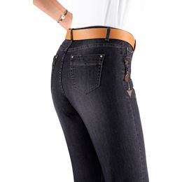 WITT Damen 5-Pocket-Jeans mit Rei&szlig;verschluss und Lederimitat-Anh&auml;nger, black denim, Gr&ouml;&szlig;e 96