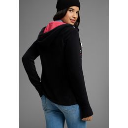 Kangaroos Damen Fleecejacke, schwarz, Gr. 32, bedruckt, ethno, gemustert, kontrastfarbene Details, mehrfarbig, unifarben mit Farbeinsatz, Fleece,