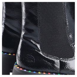 Rieker Damen Winterstiefelette, Gr. 43schwarz, Lacklederimitat, Textil, gl&auml;nzend, Schuhe, Plateauboots, Winterboots, Lack-Stiefelette mit buntem