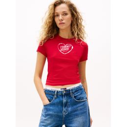 Tommy Jeans Damen Kurzarmshirt "TJW SLIM SH HEART TEE"sapphire rot, Gr. XS, unifarben, Single Jersey, Obermaterial: 100% Baumwolle, Shirts