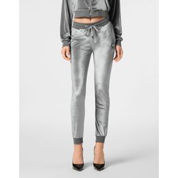 Philipp Plein Damen Jogginghose "Skull Mit Schmucksteinen", grau, Gr. XL, Obermaterial: 95% Polyester, 5% Elasthan, Hosen